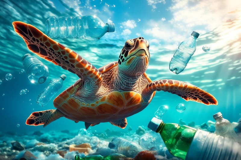 A Turtle Swimming in the Ocean Surrounded by Plastic Bottles Stock ...