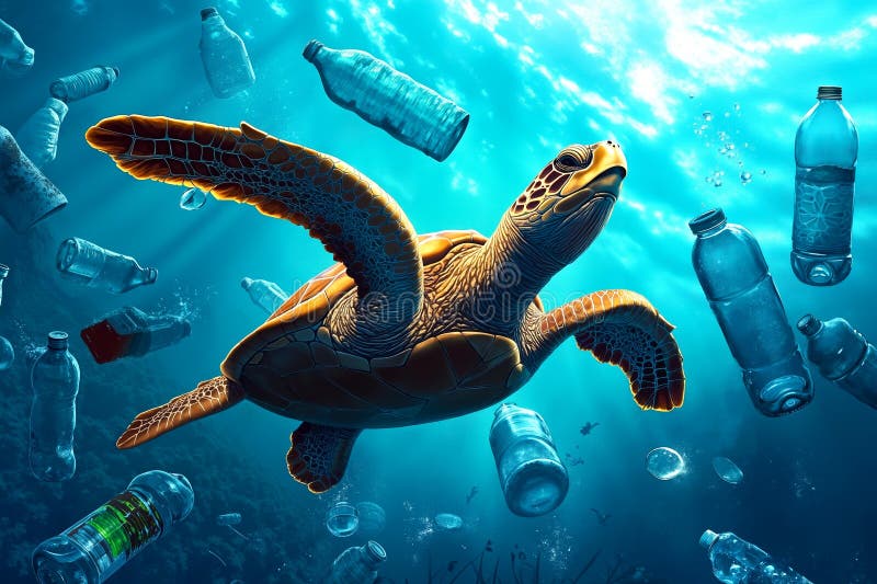 A Turtle Swimming in the Ocean Surrounded by Plastic Bottles Stock ...