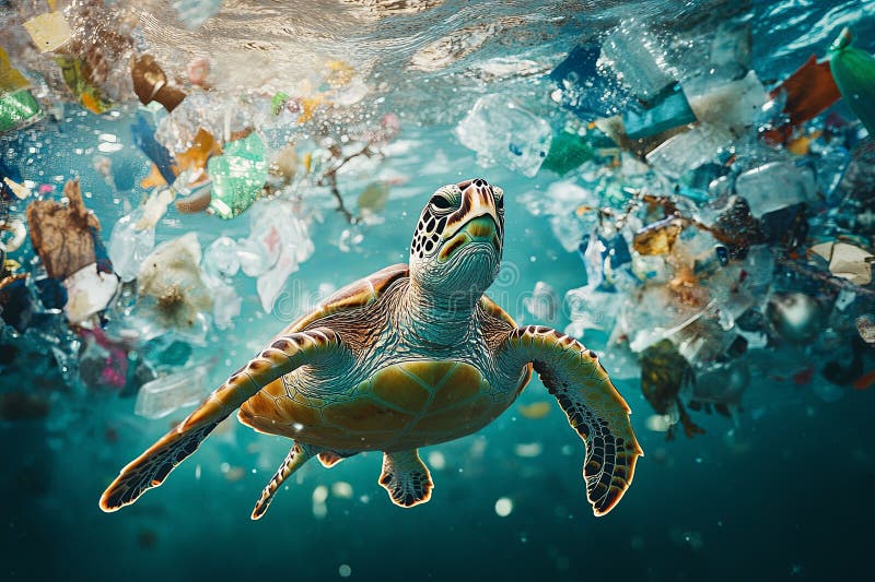 A Turtle Swimming in a Sea of Plastic Waste Picture Stock Photo - Image ...