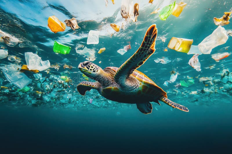 Turtle Swimming Surrounded by Plastic Pollution Stock Illustration ...