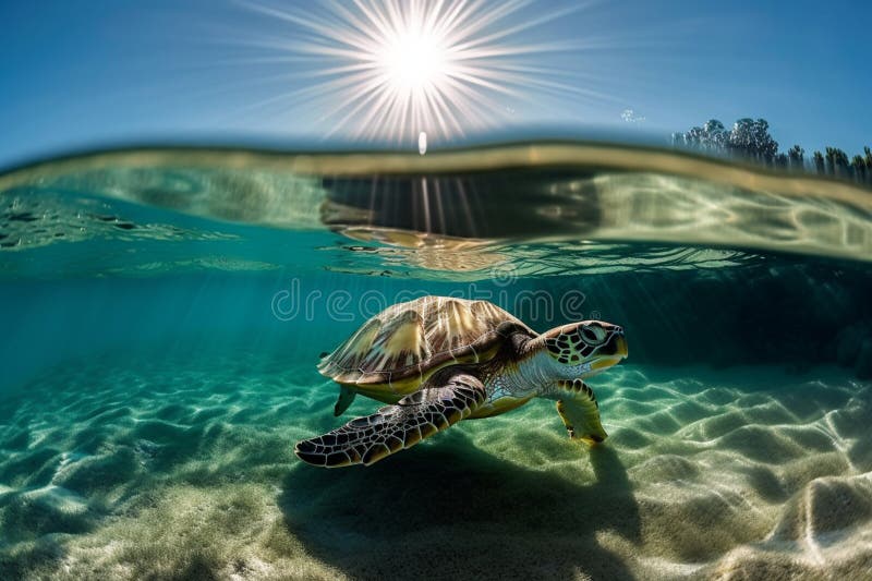 Turtle Swimming Under Crystal Clear Water Tropical Sea Stock Image ...