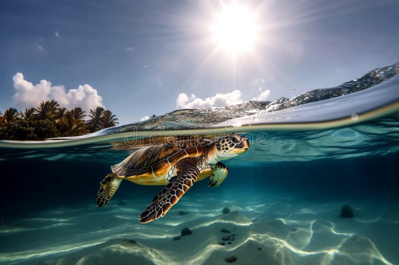 Turtle Swimming Under Crystal Clear Water Tropical Sea Stock Photo ...