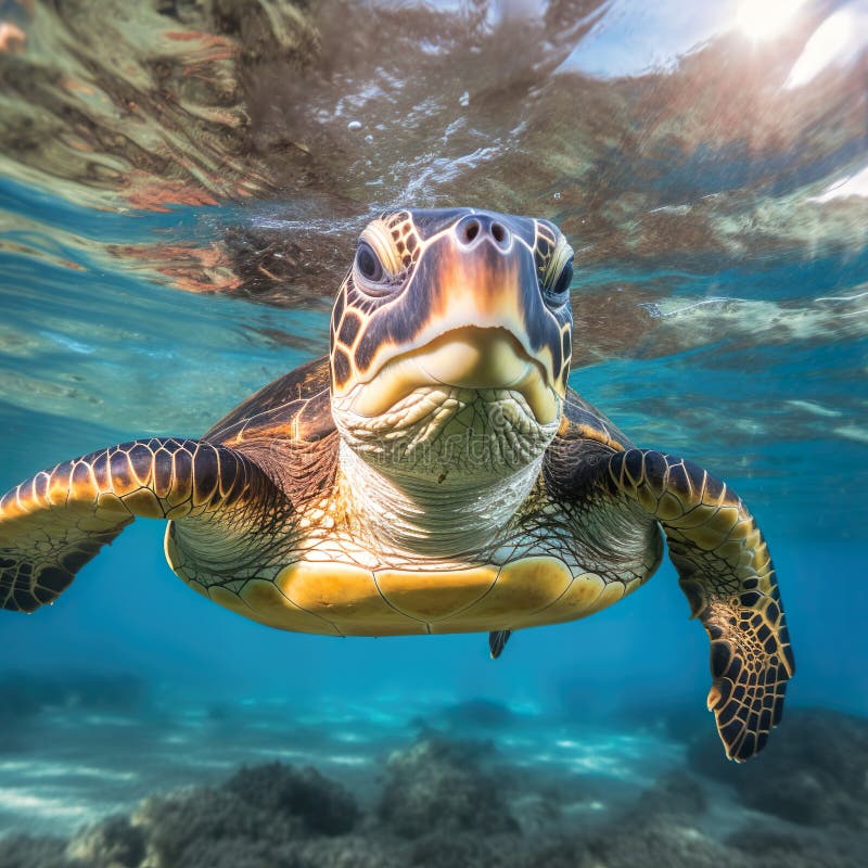 A Turtle Swimming Underneath the Water in Clear Water with Sunlight ...