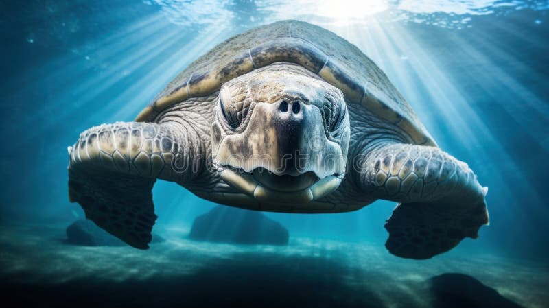 A Turtle Swimming Underwater with Sun Rays Stock Illustration ...