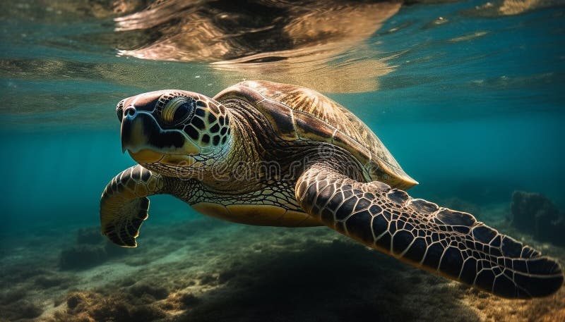Turtle Swimming Underwater, Surrounded by Colorful Fish and Coral Reef ...