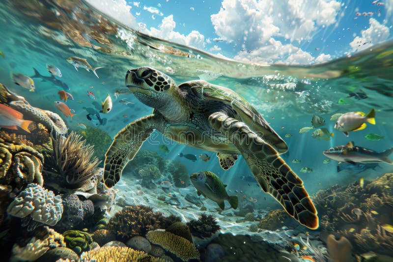 A Turtle Swims through the Ocean Surrounded by Fish, Providing a Unique ...