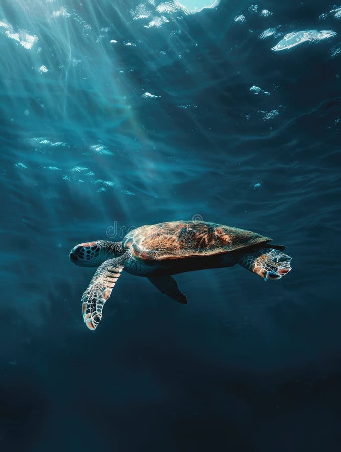 A Turtle Swims in the Open Ocean Under the Warm Sunlight Stock Photo ...