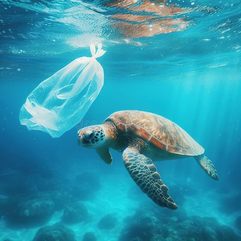 A Turtle Swims among Plastic Trash. Generative AI. Generative AI Stock ...