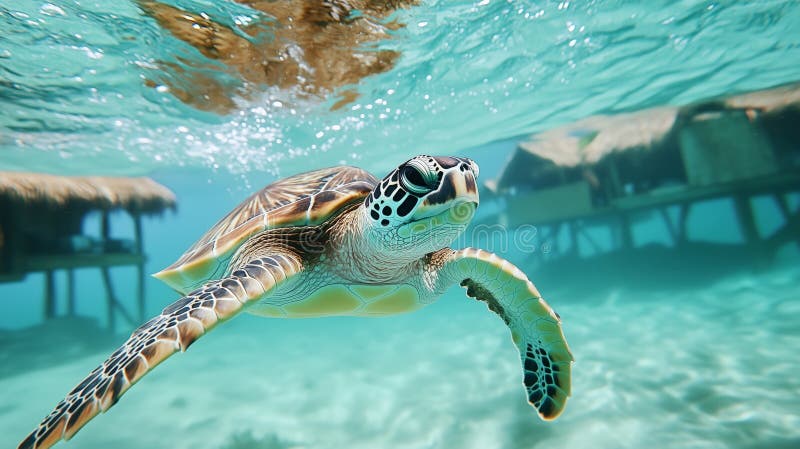 Turtle Swims through Tropical Beach Resort Huts in Water Stock Photo ...
