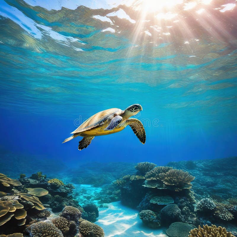 Turtle Swims Underwater in the Against the Backdrop of Beautiful Summer ...