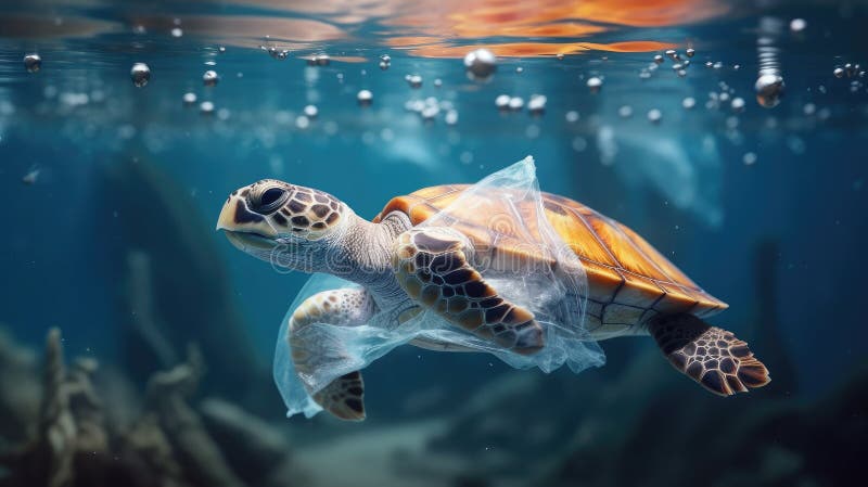 A Turtle Tangled in a Plastic Bag Struggles To Swim Stock Photo - Image ...