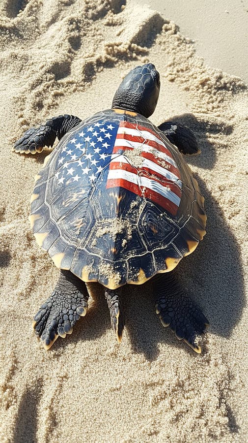 A Turtle with a Tiny American Flag Painted on Its Shell, Crawling on a ...