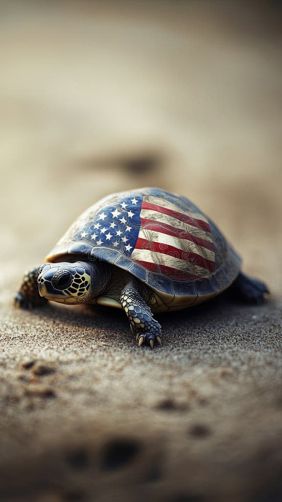A Turtle with a Tiny American Flag Painted on Its Shell, Crawling on a ...