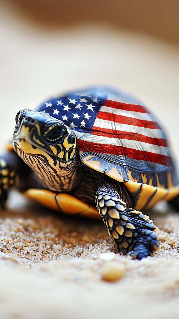 A Turtle with a Tiny American Flag Painted on Its Shell, Crawling on a ...