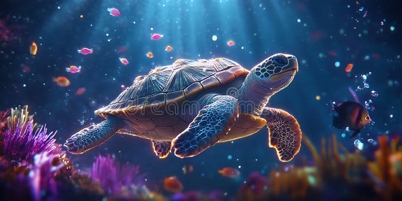 Turtle with Tiny Magical Fish Swimming Around it Stock Illustration ...