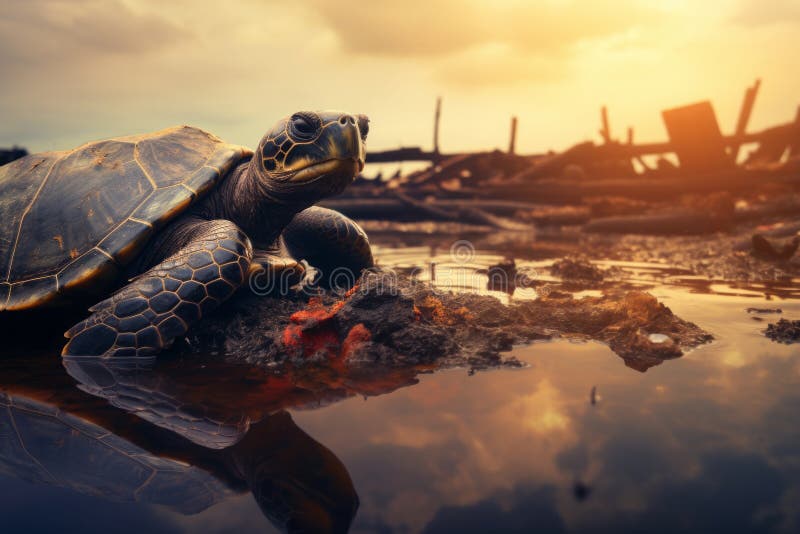 Turtle in Toxic Oil Pollution. Environmental Issues Concept Stock ...