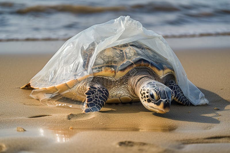 A Turtle Trapped in a Plastic Bag Lying on the Beach. the Concept of an ...