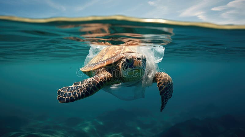 A Turtle Trapped in a Plastic Bag in the Ocean Stock Photo - Image of ...