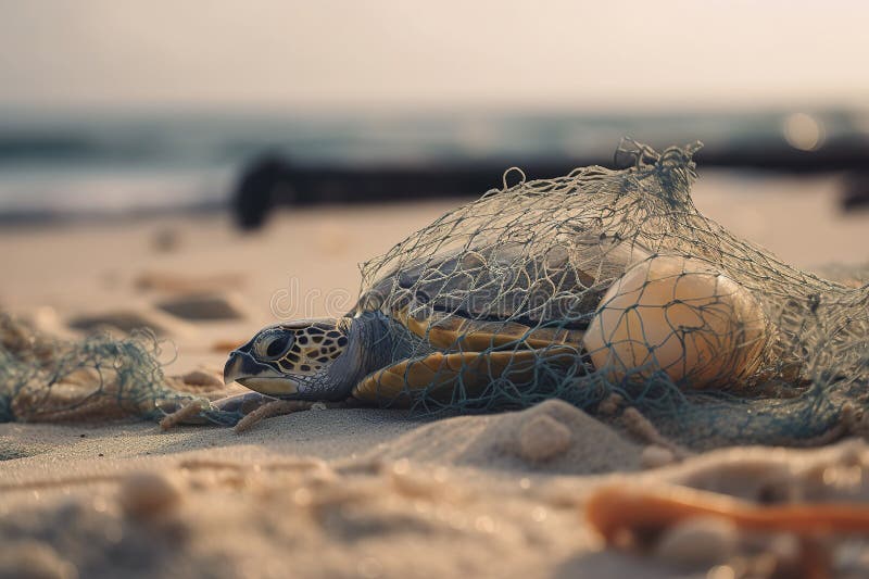 Turtle Trapped in Plastic Garbage Lying on the Beach. the Concept of an ...