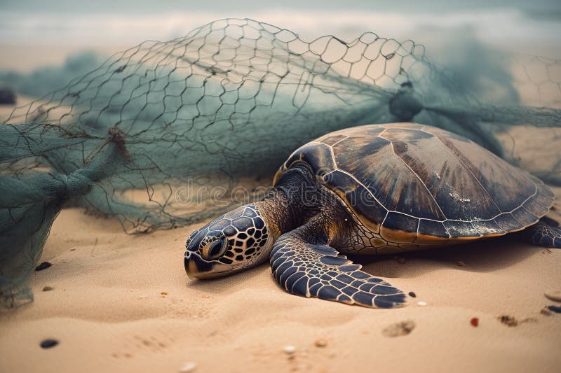 Turtle Trapped in Plastic Garbage Lying on the Beach. the Concept of an ...