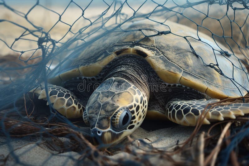 Turtle Trapped in Plastic Garbage Lying on the Beach. the Concept of an ...