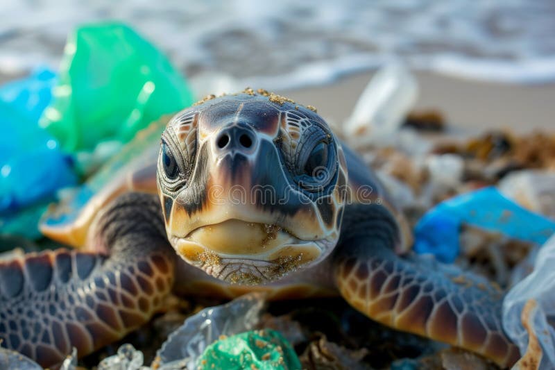 Turtle among Trash on the Seashore Stock Photo - Image of turtle ...