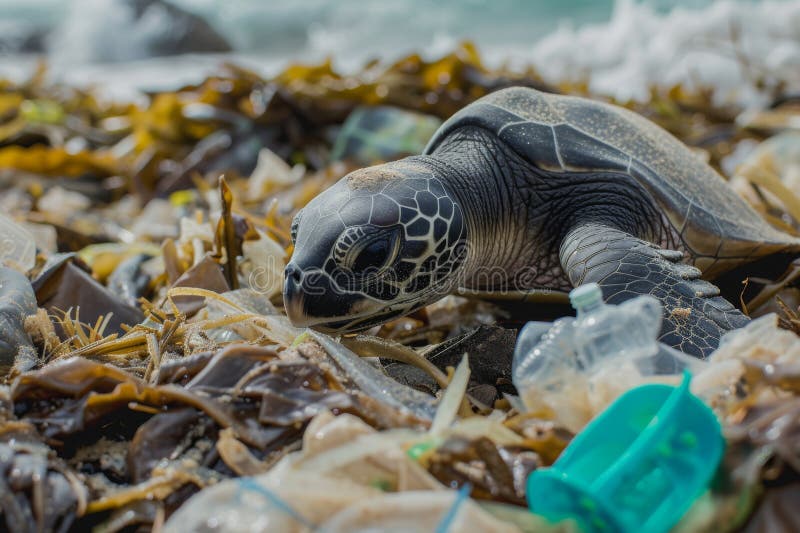 Turtle among Trash on the Seashore Stock Image - Image of trash ...