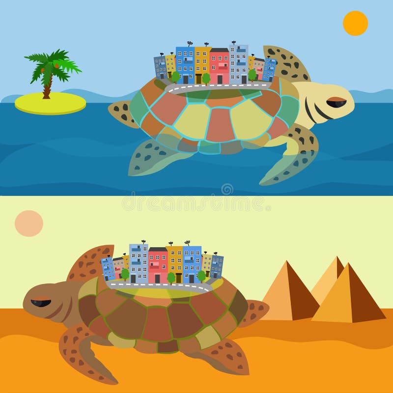 Turtle City on the Back of a Fairy Tale Stock Vector - Illustration of ...