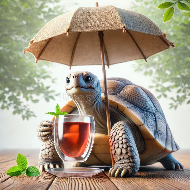 Turtle with Umbrella and Tea Under Trees. Stock Image - Image of rain ...