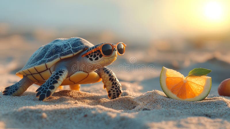 A Turtle Waddling on the Sand with Tiny Sunglasses and a Fruit Slice ...