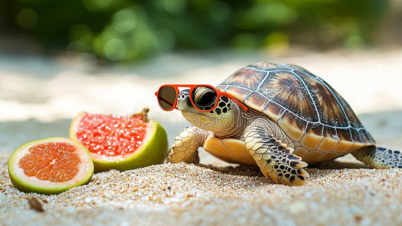 A Turtle Waddling on the Sand with Tiny Sunglasses and a Fruit Slice ...