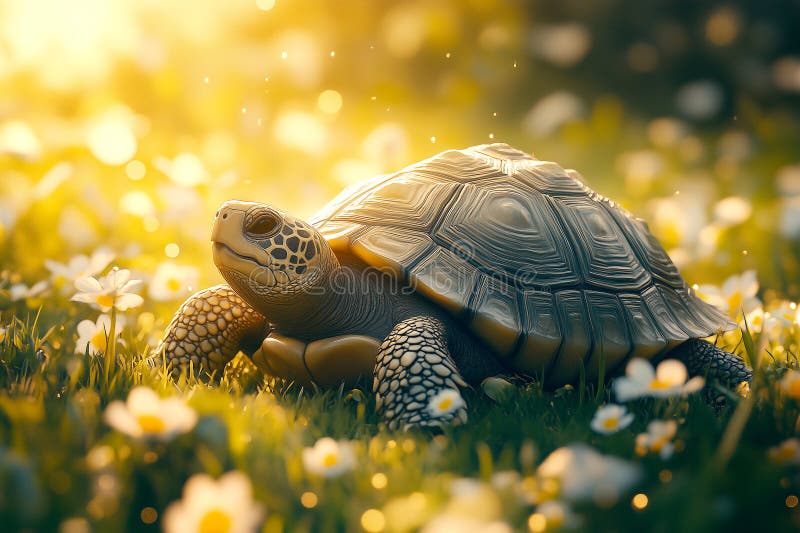 Turtle Walk Slowly on Grassy Field in Sunrise Stock Illustration ...