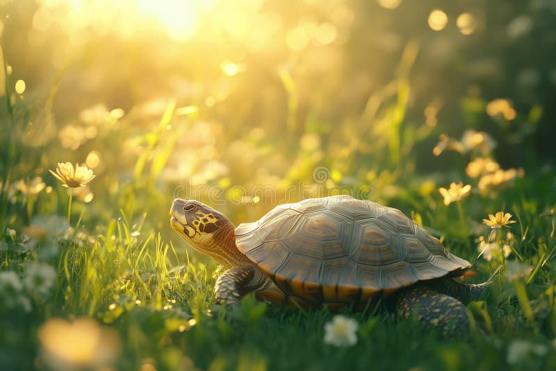 Turtle Walk Slowly on Grassy Field in Sunrise Stock Illustration ...