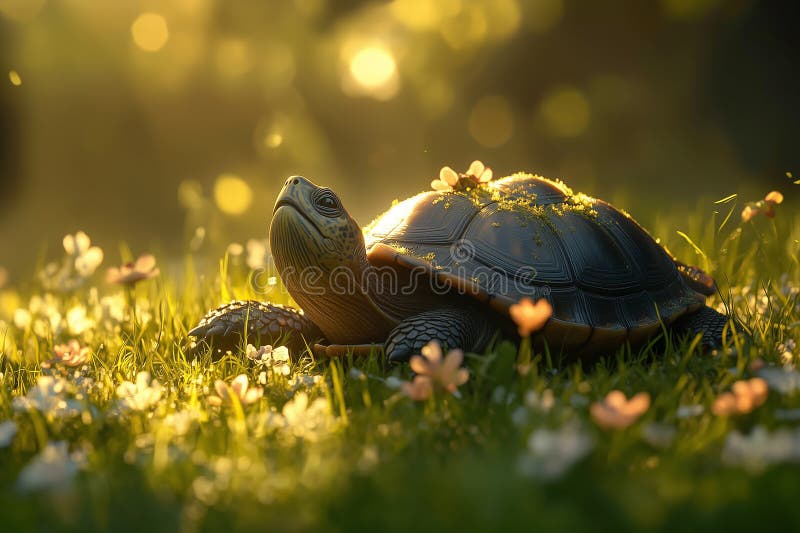 Turtle Walk Slowly on Grassy Field in Sunrise Stock Illustration ...