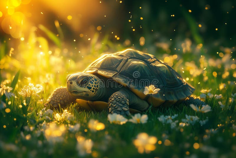 Turtle Walk Slowly on Grassy Field in Sunrise Stock Illustration ...