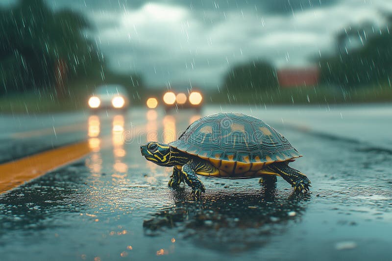 Turtle Walking Across a Paved Road during a Light Rain Shower, with ...