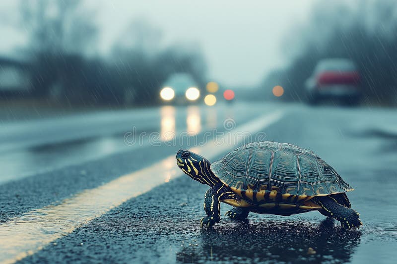 Turtle Walking Across a Paved Road during a Light Rain Shower, with ...