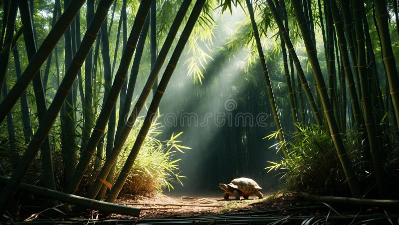 Serene Turtle Walking through Sunlit Bamboo Forest Stock Illustration ...
