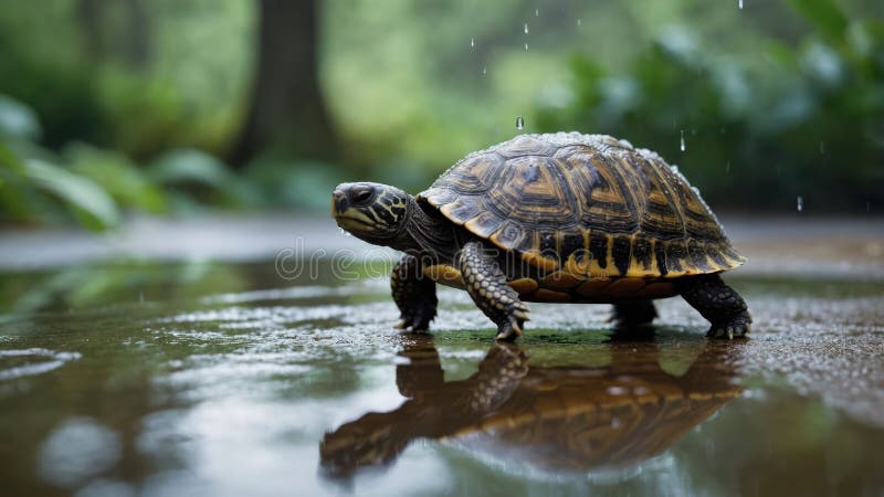 Adorable Turtle Walking in the Rain Stock Illustration - Illustration ...