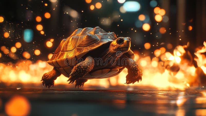 Turtle Walking through Vibrant Fire with Blurred Bokeh Lights, Dramatic ...