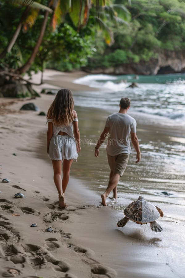A Turtle Walks Along the Beach with a Couple in Love Stock Illustration ...