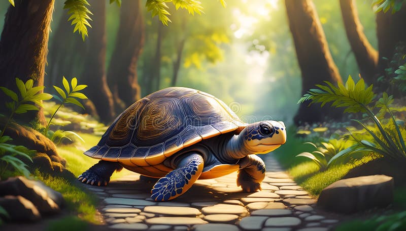 Turtle Walks on Path in Forest Stock Image - Image of head, green ...