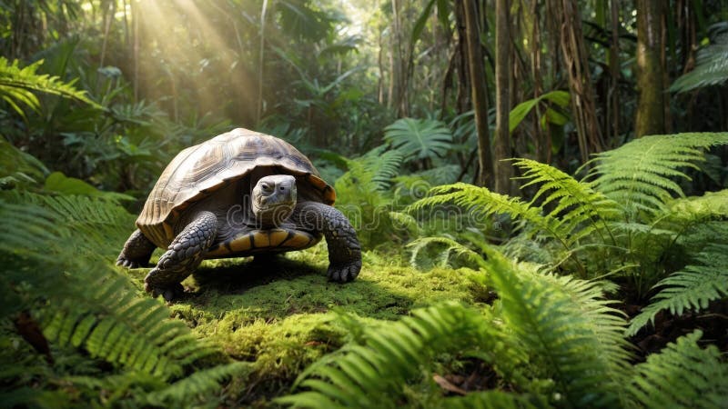 Giant Tortoise in Lush Rainforest Habitat Stock Illustration ...