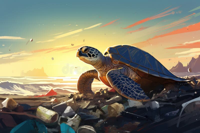 Turtle between Waste on the Beach AI Generated Stock Illustration ...