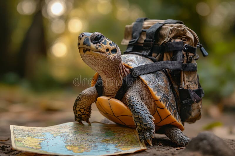 Turtle Wearing Backpack is Checking Map, Getting Ready for Adventure in ...