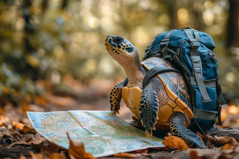 Turtle Wearing Backpack is Checking Map, Getting Ready for Adventure in ...