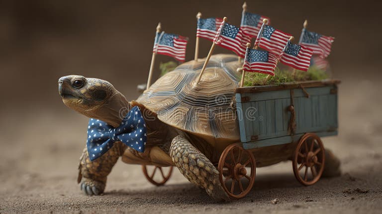 Turtle Wearing Bowtie Pulling Wagon with American Flags on Sandy Ground ...