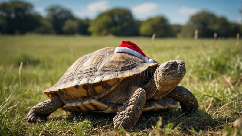 Cute Tortoise Wearing Santa Hat on Green Grass Stock Illustration ...