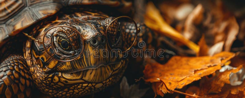 Turtle Wearing Glasses Amid Autumn Leaves in Forest Stock Illustration ...
