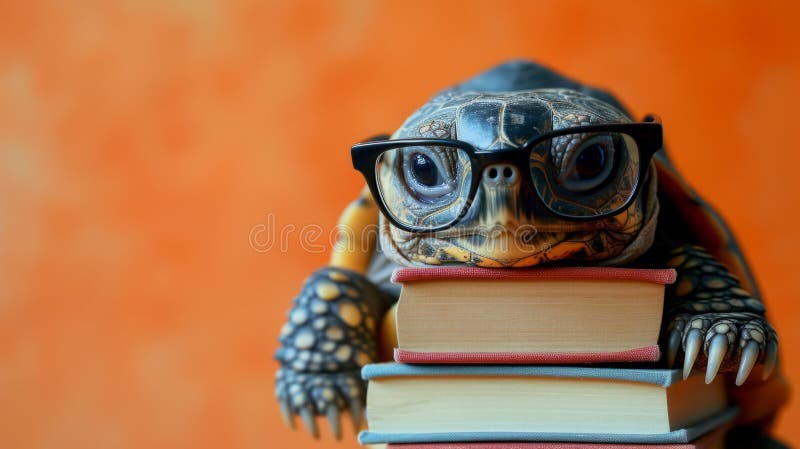 A Turtle Wearing Glasses Sitting on Top of a Stack of Books, AI Stock ...